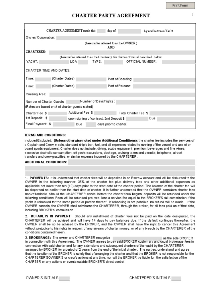 Charter Party Agreement Cpa Adobe Format Yacht | PDF | Insurance ...