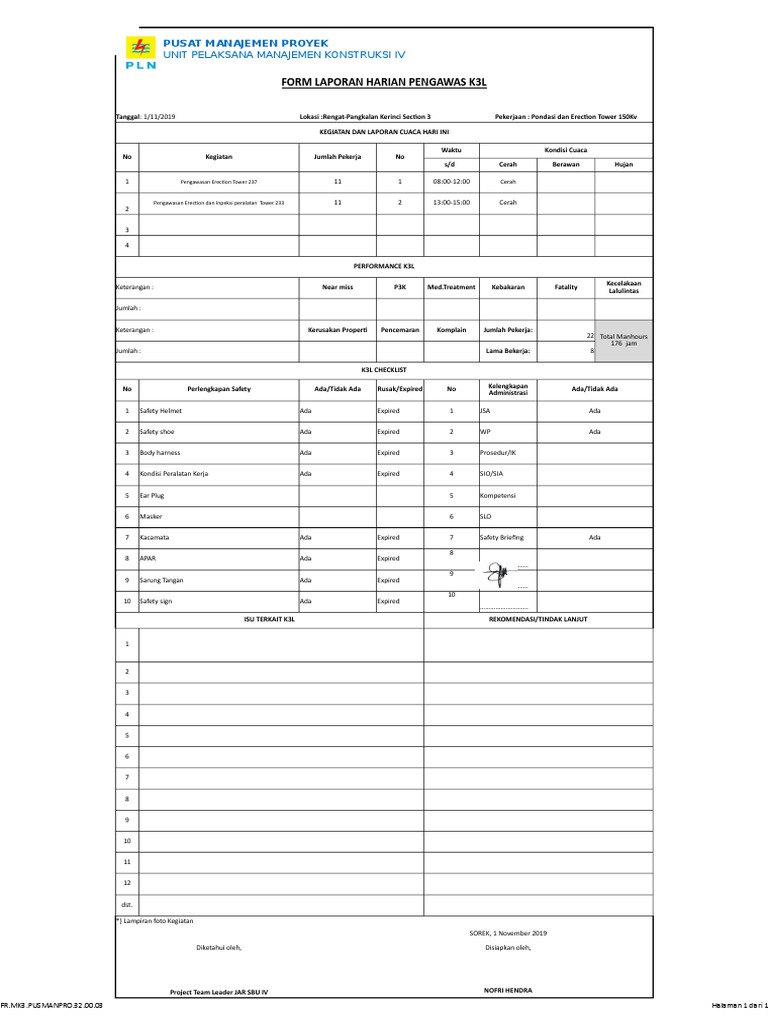 Form Laporan Harian HSE JMK | PDF