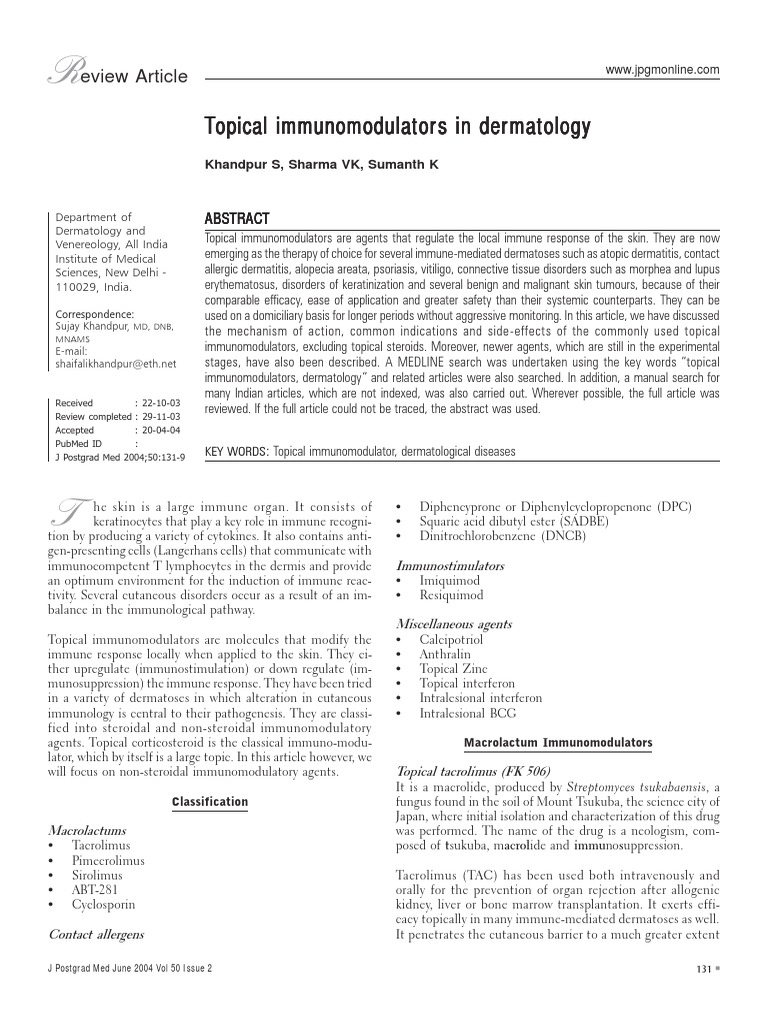 Topical Immunomodulators in Dermatology | PDF | Immunotherapy | T ...