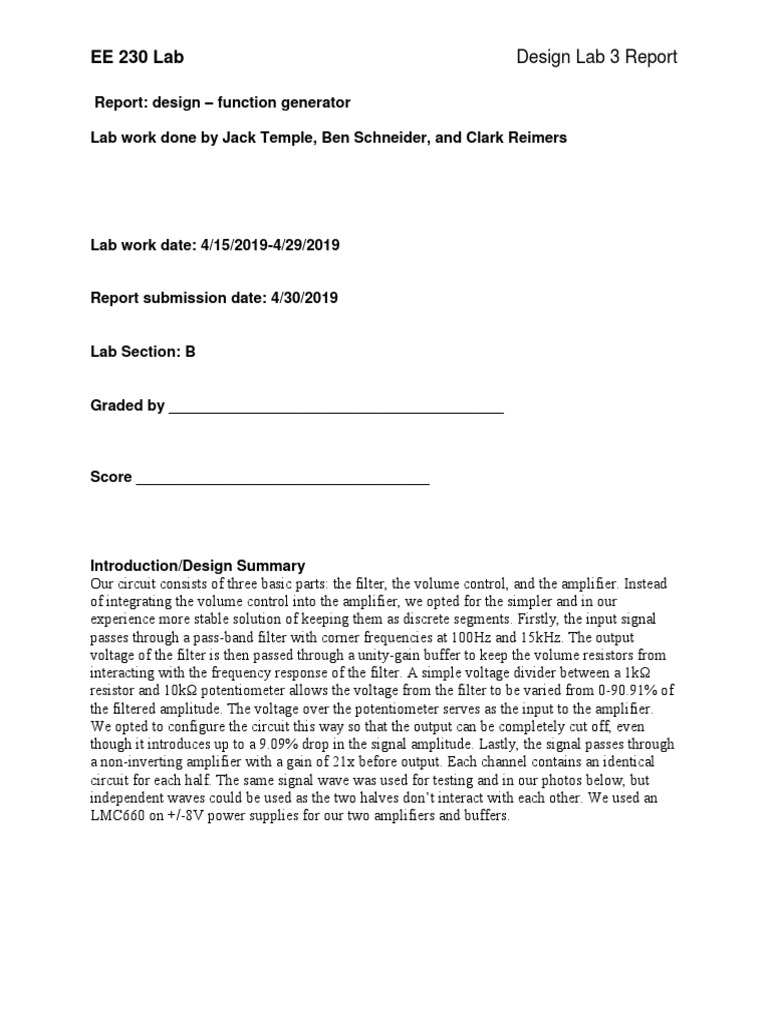Design Lab 3 Report | PDF | Electronic Filter | Amplifier
