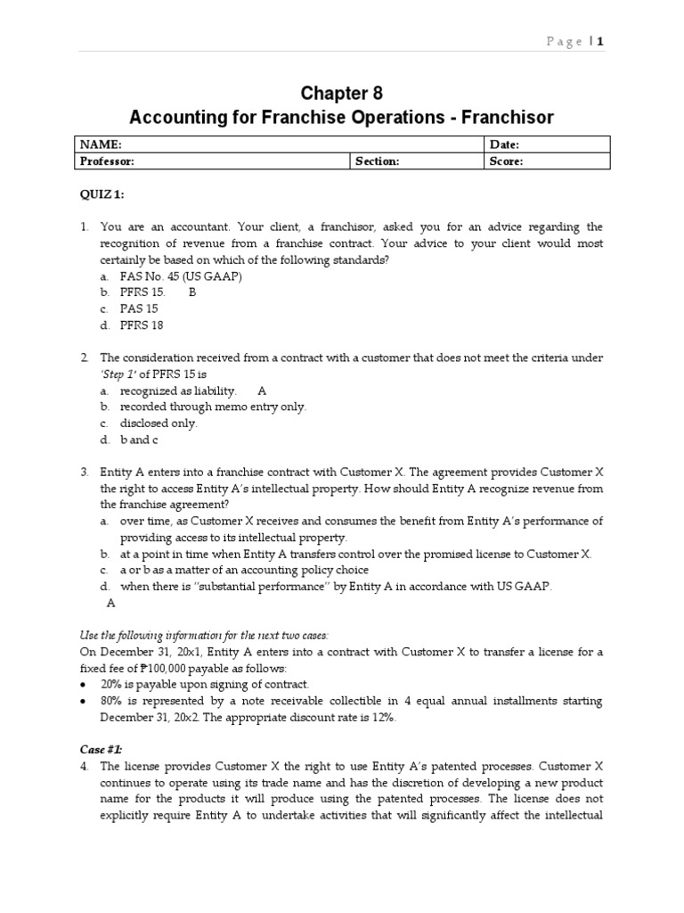 QUIZ - CHAPTER 8 - ACCOUNTING FOR FRANCHISE OPERATIONS FRANCHISOR Noa ...