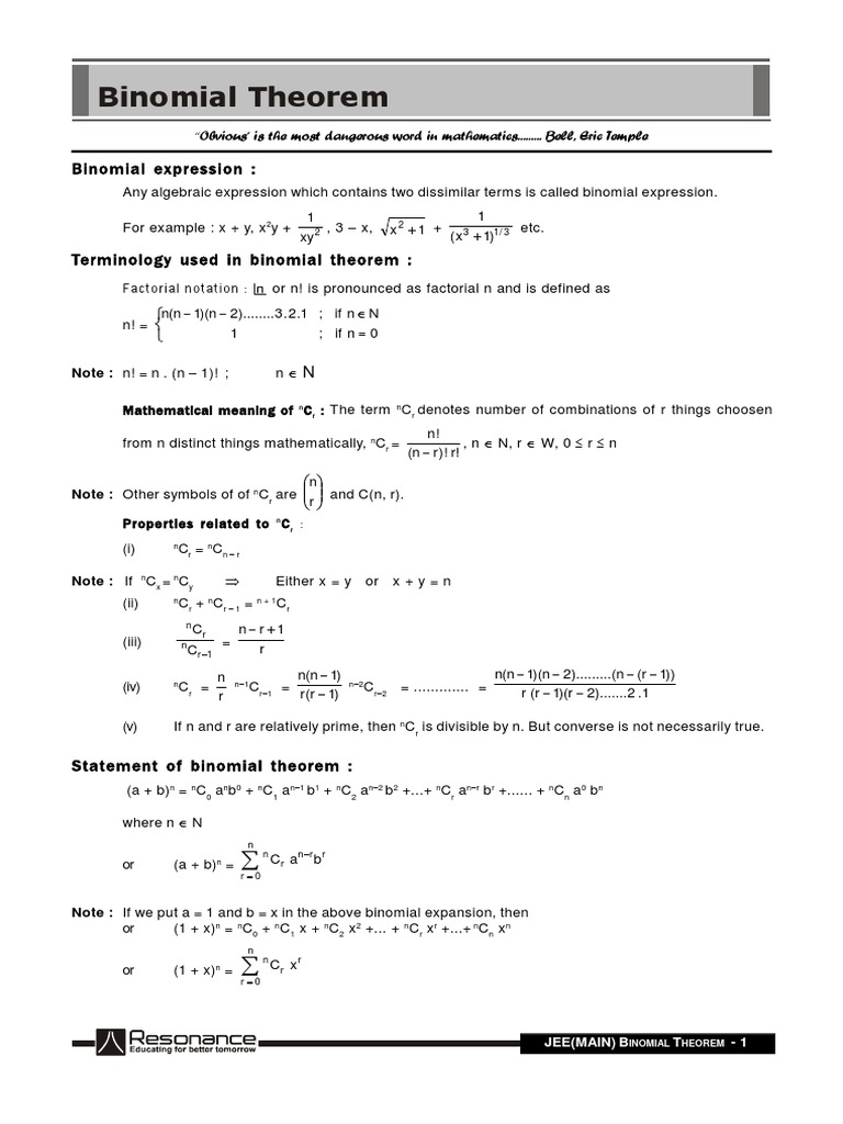 Binomial Theorem PDF | PDF | Discrete Mathematics | Number Theory