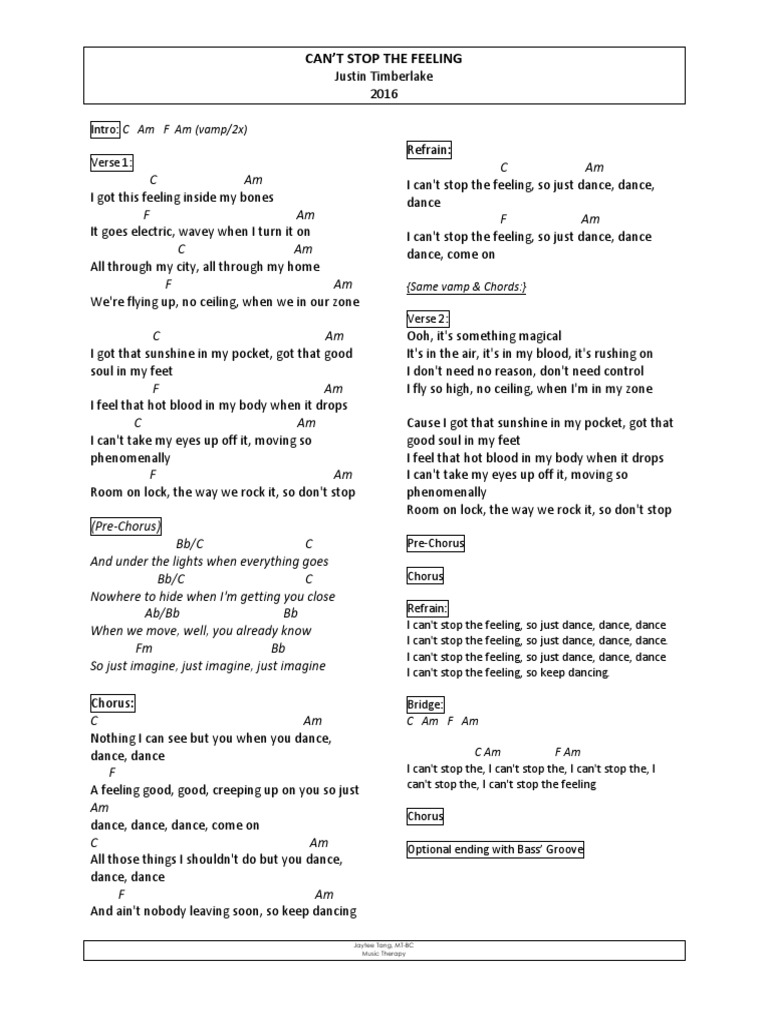 Can't Stop The Feeling - JT - LS | PDF | Song Structure | Musical ...