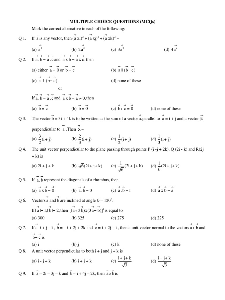 Multiple Choice Questions Vector Algebra | PDF | Theoretical Physics ...