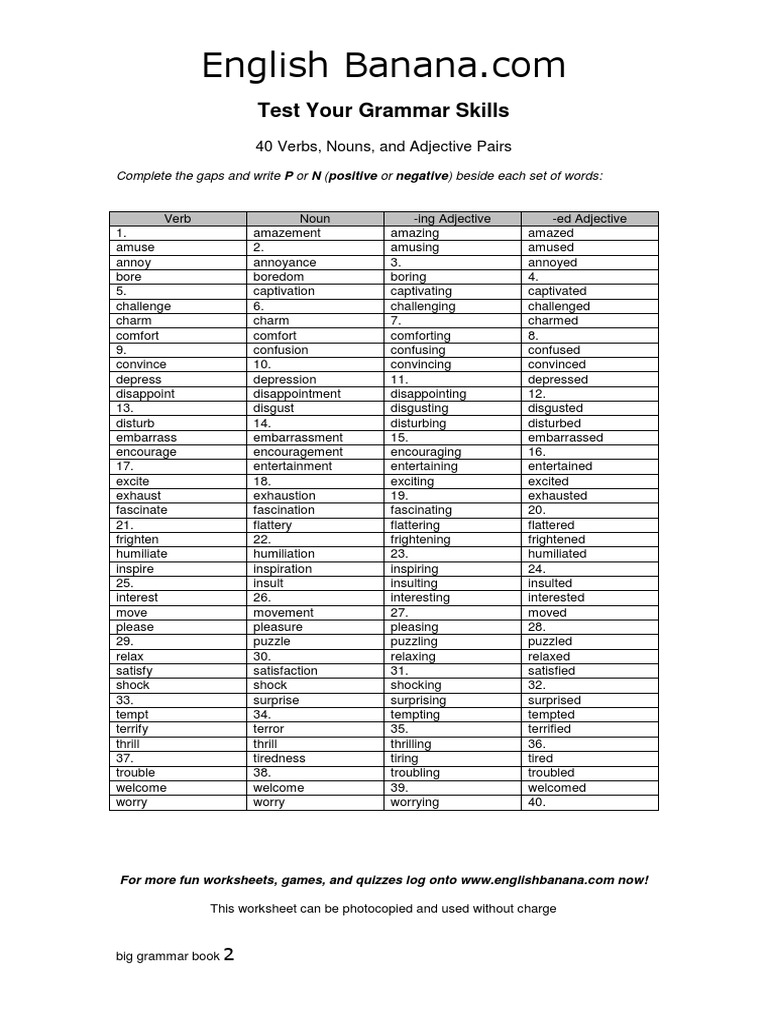 40 Verbs Nouns and Adjective Pairs | PDF | Philology | Language Arts ...