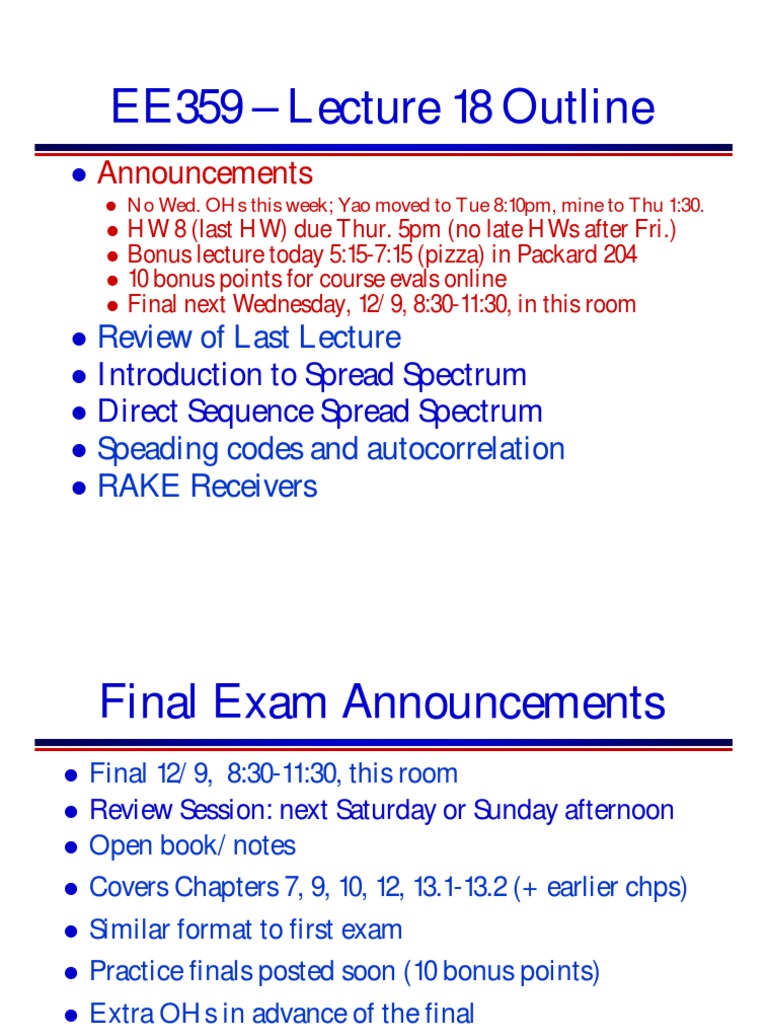 EE359 - Lecture 18 Outline: Announcements | PDF | Modulation | Broadcasting