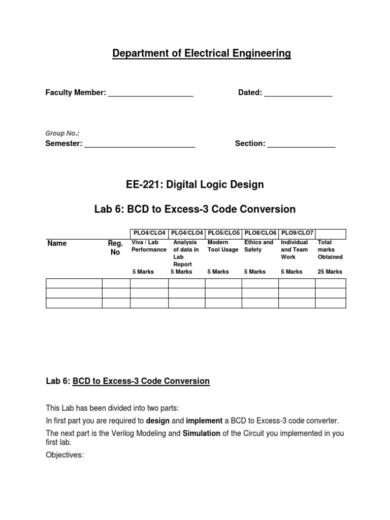 Lab6 BCD-to-Excess-3 Code Conversion | PDF | Binary Coded Decimal | Logic Gate