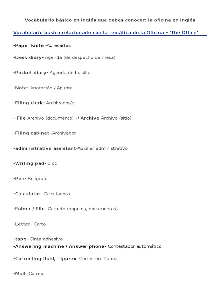 Vocabulario Básico en Inglés Que Debes Conocer | PDF | Equipo de ...