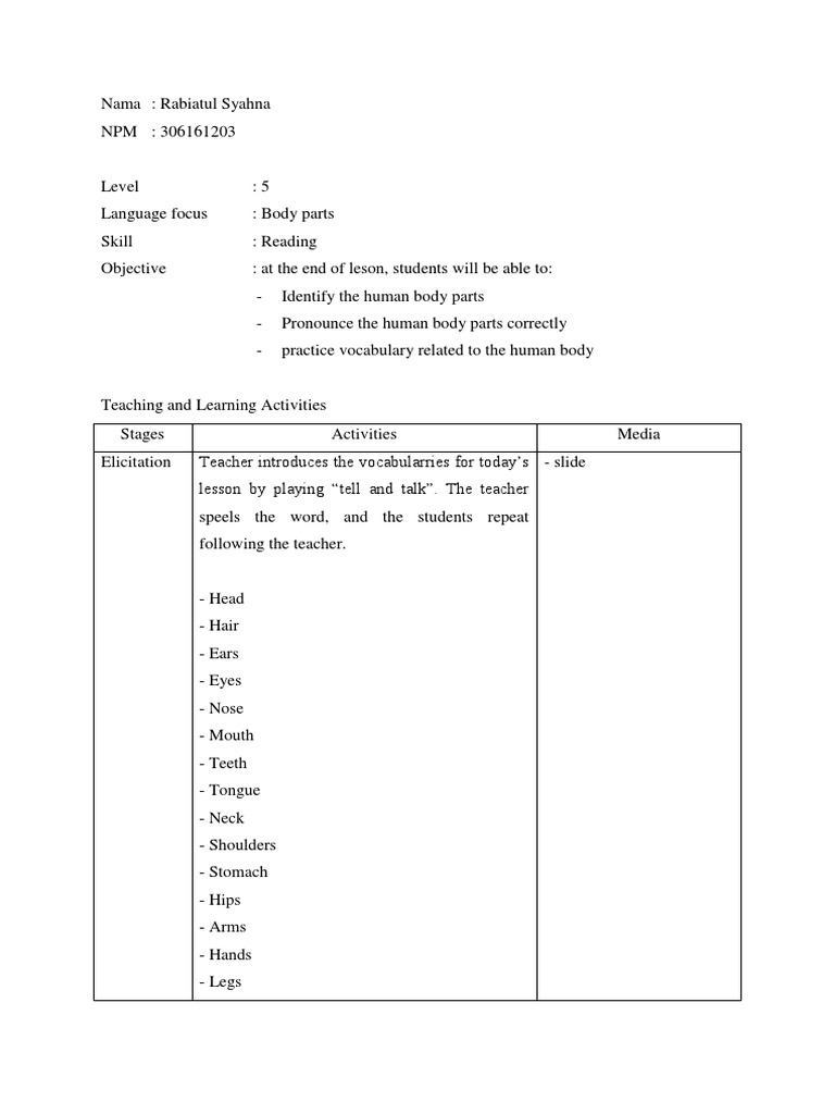 Lesson Plan Body Parts Micro Teach | PDF