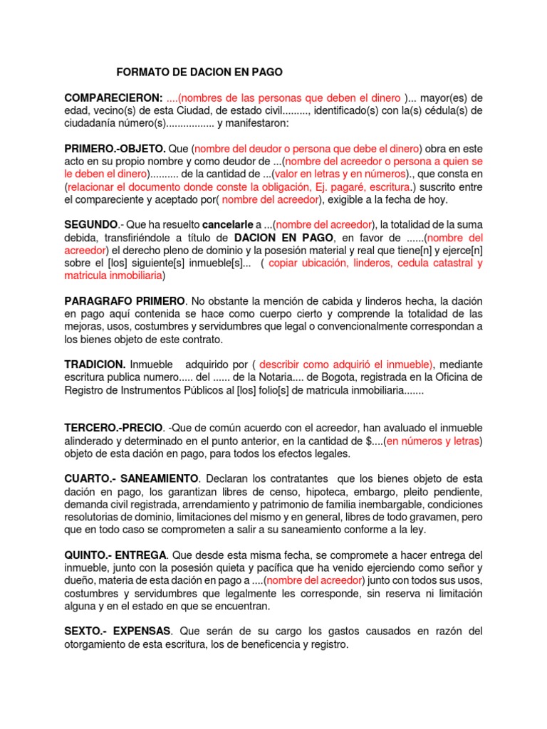 Dacion en Pago Formato Banco | Descargar gratis PDF | Pagos | Justicia