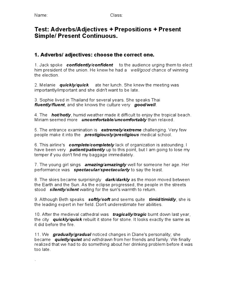 Adverbs, Prepositions, and Tenses Test | PDF