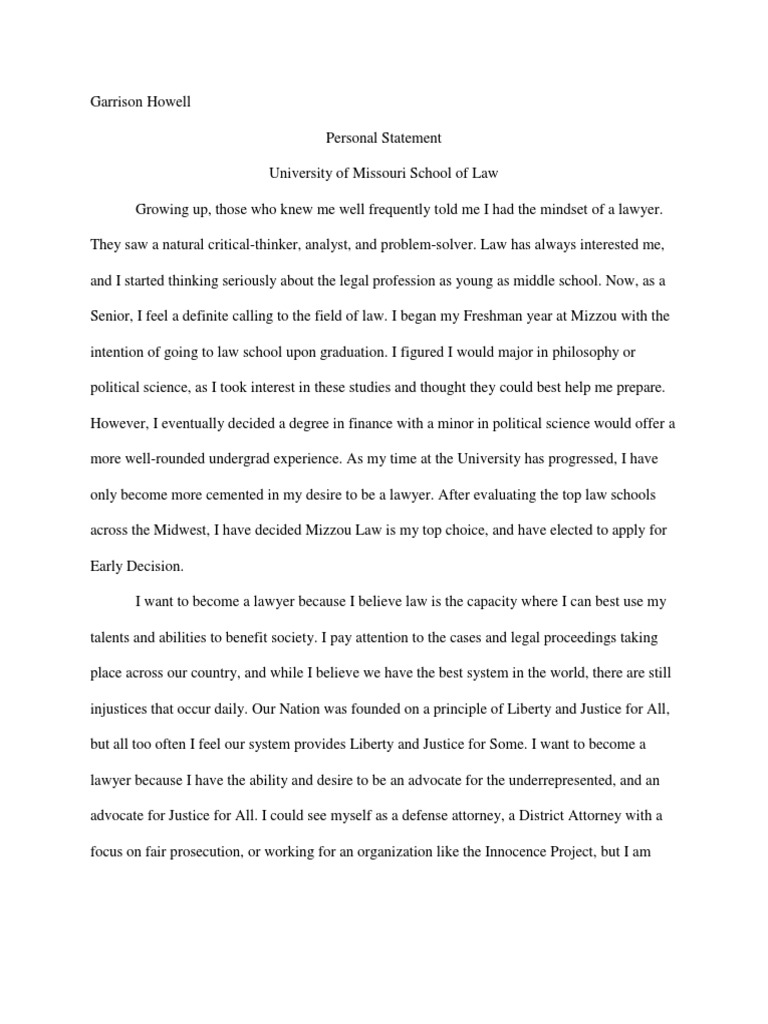 Garrison Howell Personal Statement | PDF | Lawyer | Law School