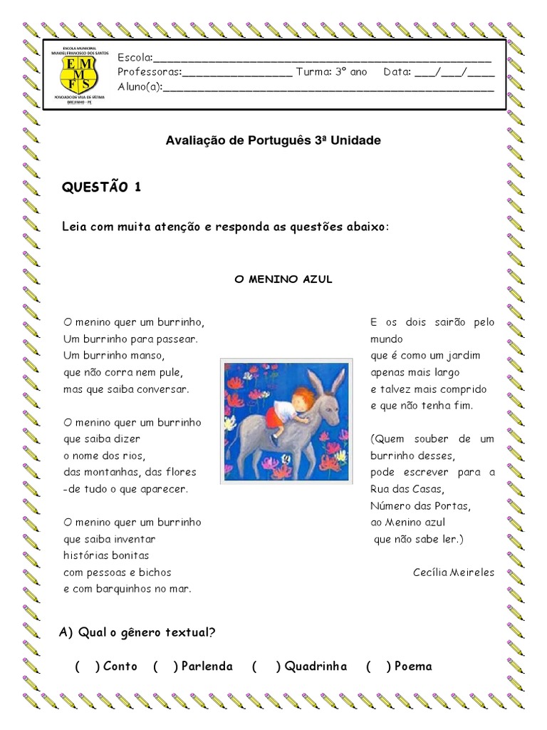 Avaliação de Português 3 Unidade A | PDF | Poesia