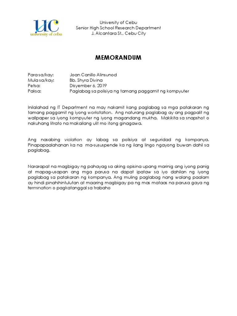 Memorandum Filipino | PDF