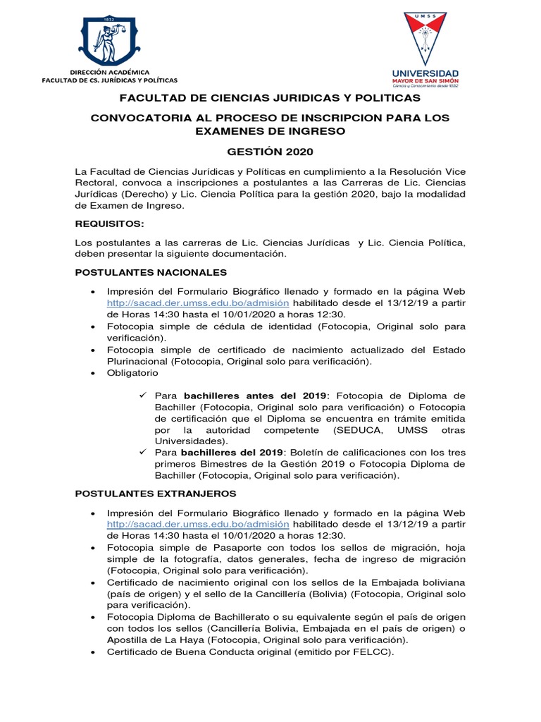 Convocatoria Umss | PDF | Documento | Gobierno