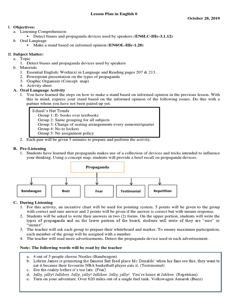 Grade 6 Propaganda Devices Lesson Plan | PDF | Propaganda | Lesson Plan