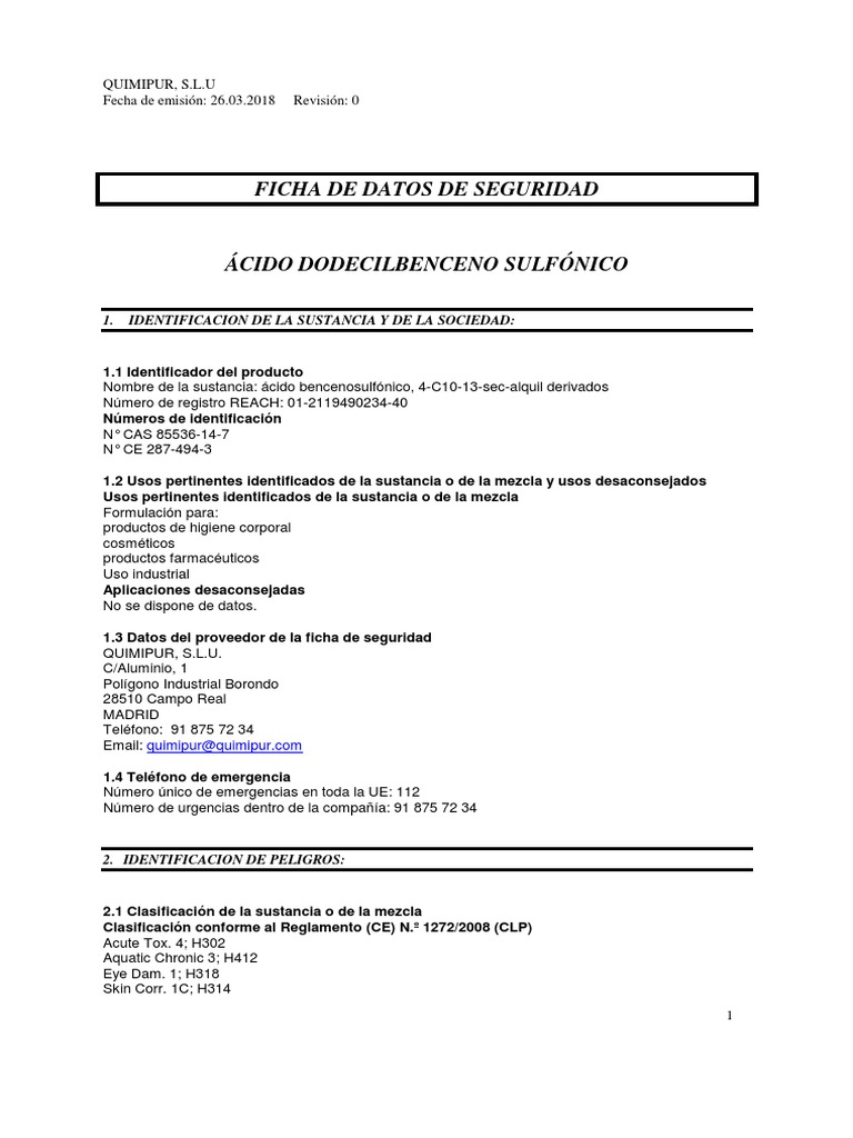 Ficha de Seguridad: Ácido Dodecilbenceno Sulfónico | PDF | Dióxido de ...