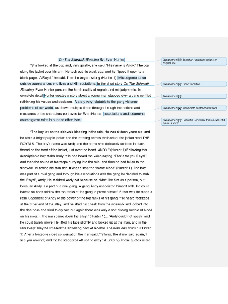 On The Sidewalk Bleeding By: Evan Hunter Literary Response Essay | PDF ...