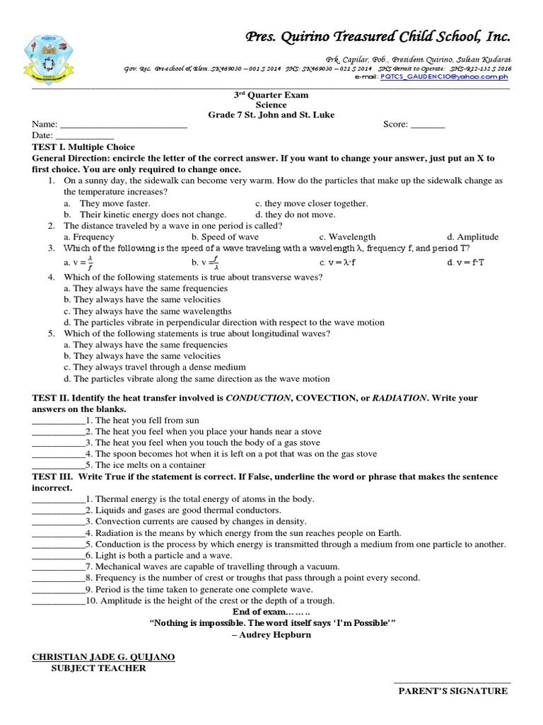 Grade 7 Exam | PDF | Wavelength | Waves