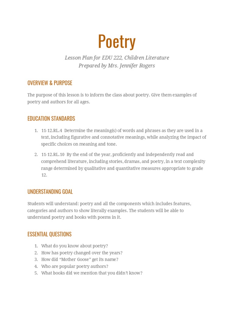 Poetry Lesson Plan | PDF | Differentiated Instruction | Poetry