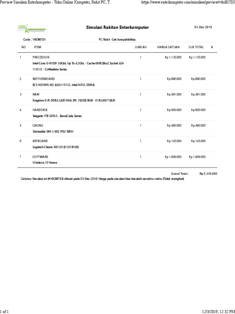 Simulasi PC Rakitan Enterkomputer | PDF