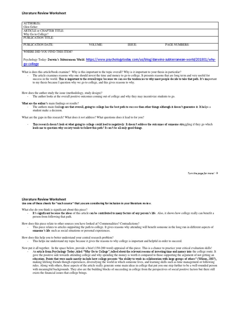 Literature Review Worksheet | PDF | Thesis | Reason
