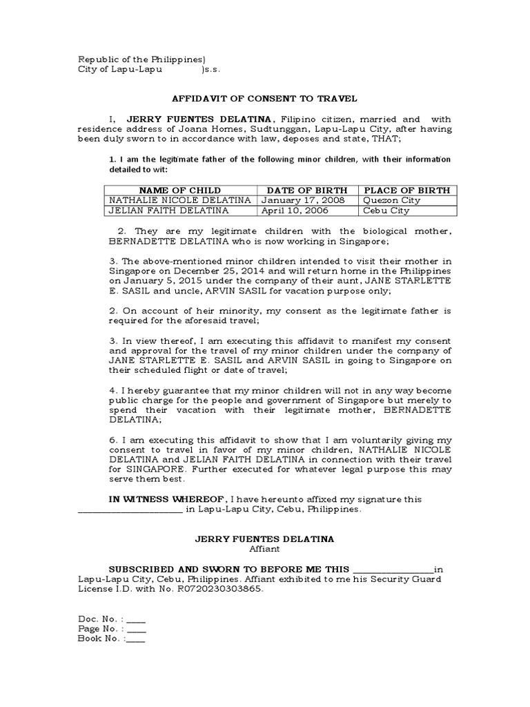 Affidavit of Consent To Travel | PDF | Affidavit | Document