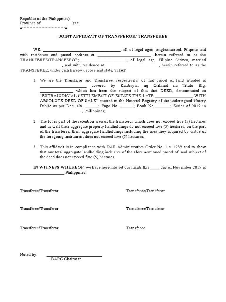 Joint Affidavit of Transferor/Transferee | PDF | Government And ...