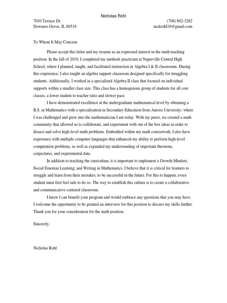 Nicholas Rohl Cover Letter 12 | PDF