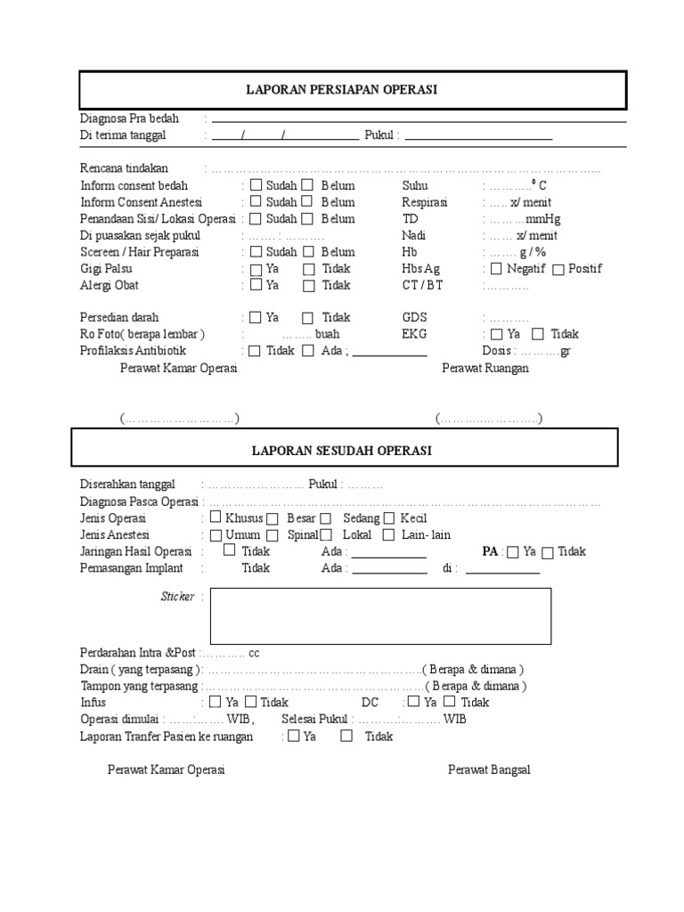 FORM PRE Operasi Dan Post Operasi | PDF