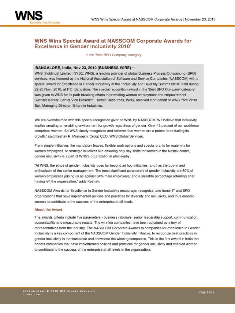 WNS Wins Special Awards at Nasscom Corporate Awards | PDF | Business ...