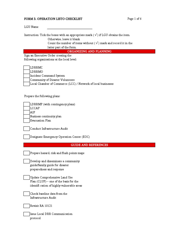 Operation Listo Checklist PDF | PDF | Emergency Evacuation | Incident ...