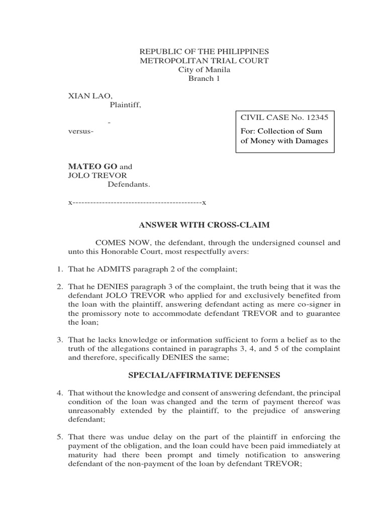 Cross Claim Sample | PDF | Complaint | Lawsuit