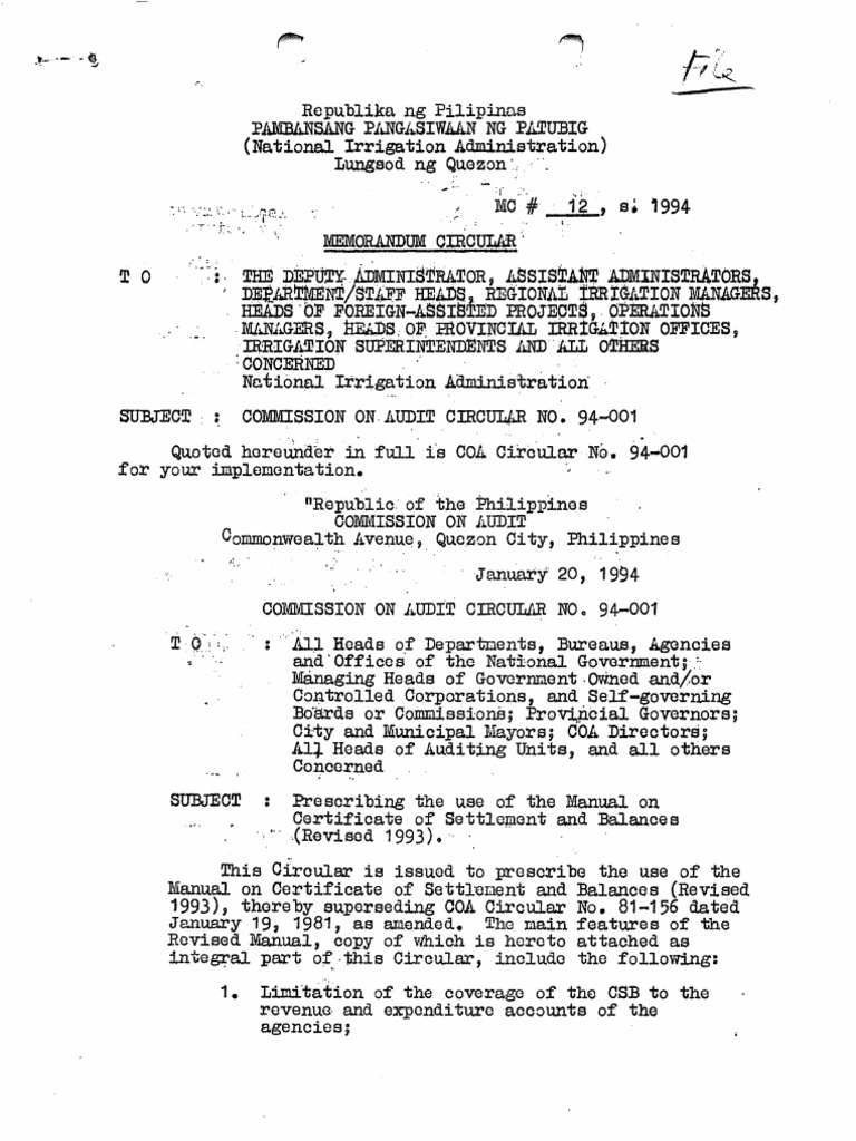 COA Circular No. 94-001