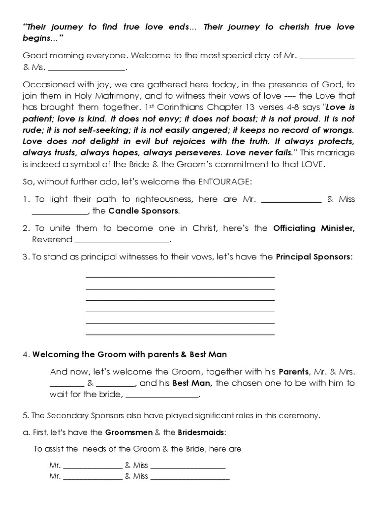 MC Script - Wedding Ceremony | PDF | Bride | Bridesmaid