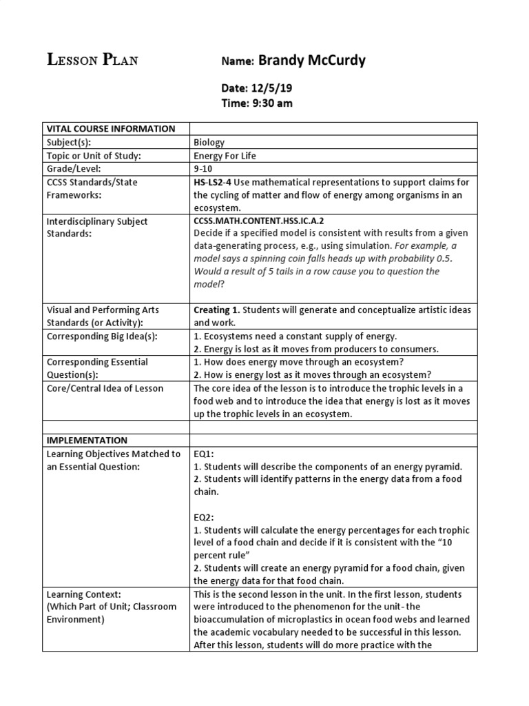 Energy Transfer Lesson Plan | PDF | Food Web | Ecosystem