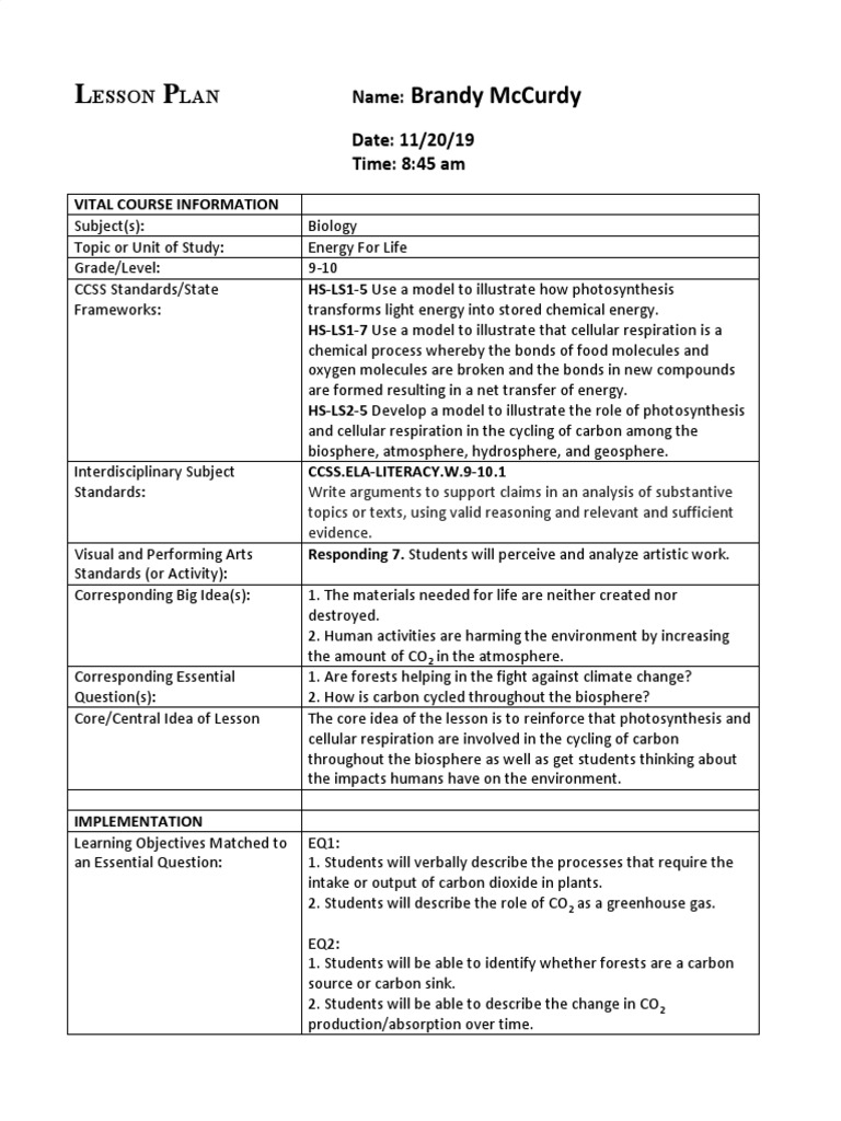 Cer Lesson Plan | PDF | Photosynthesis | Carbon Sink