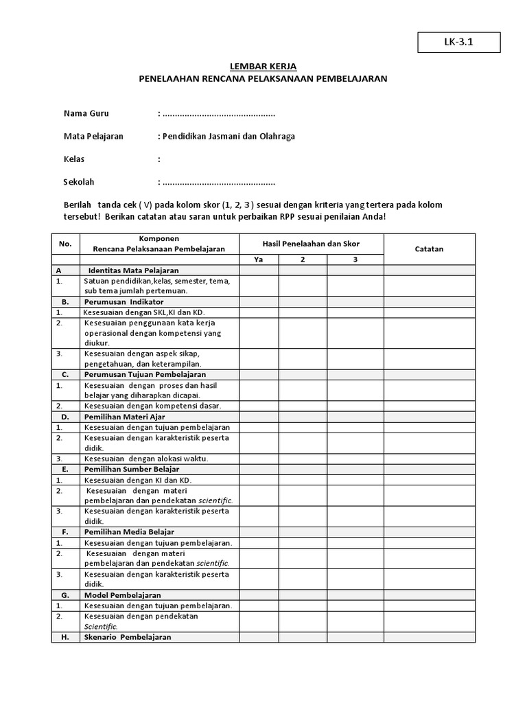 Form Telaah RPP Pjok | PDF