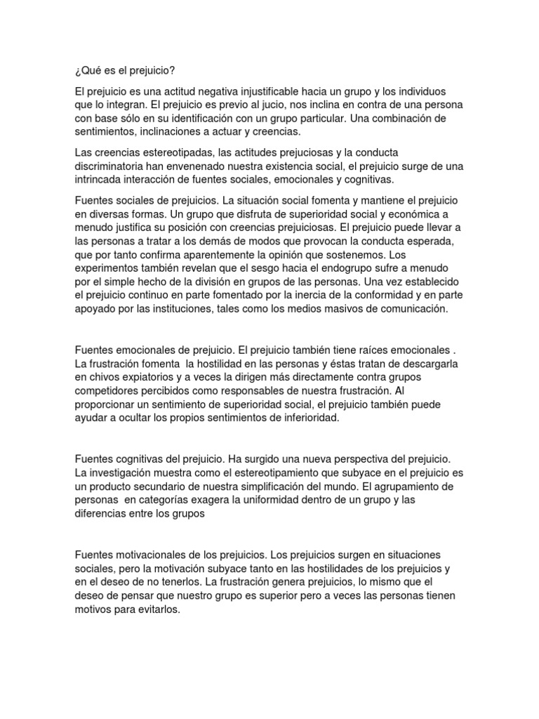 Definición y Fuentes del Prejuicio | PDF | Prejuicios | Estereotipos