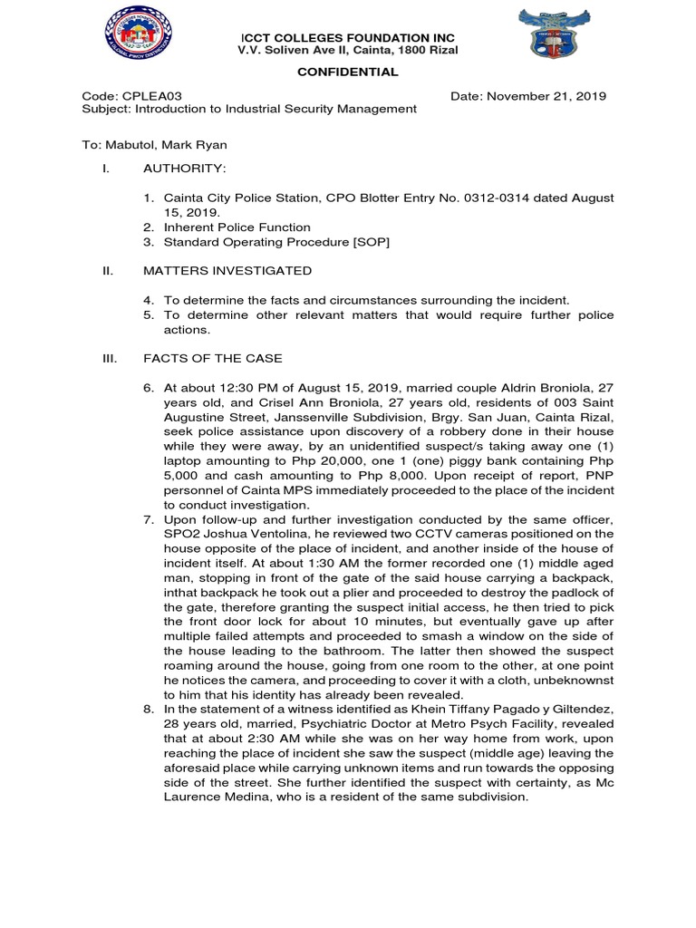 Security Investigation Report on the Robbery Case of Broniola, Aldrin ...