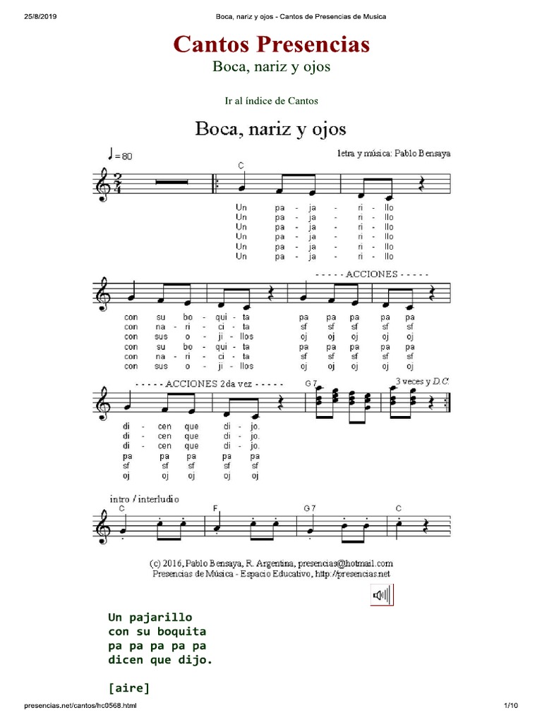 Canción Infantil, Partes Del Cuerpo | PDF