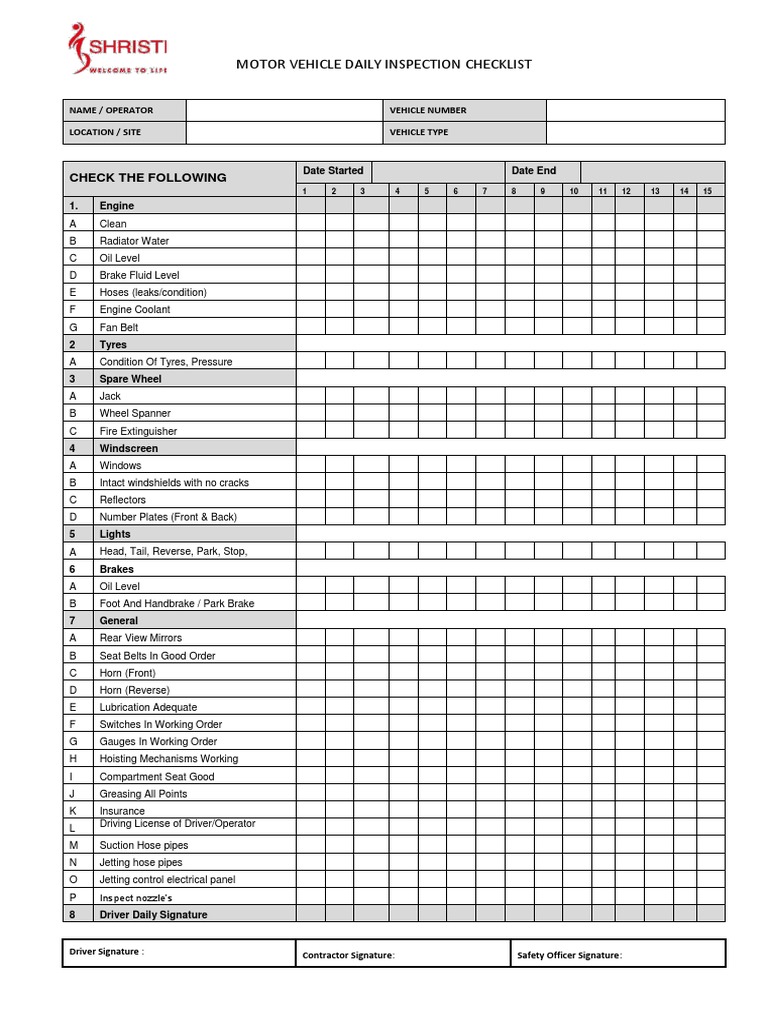 Daily Vehicle Inspection Checklist | PDF