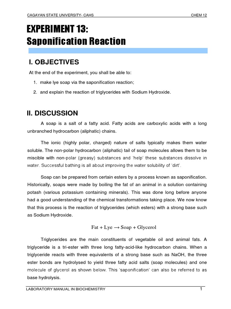 Biochemistry Lab Manual | PDF | Soap | Sodium Hydroxide Biochemistry Lab Manual | PDF | Soap | Sodium Hydroxide