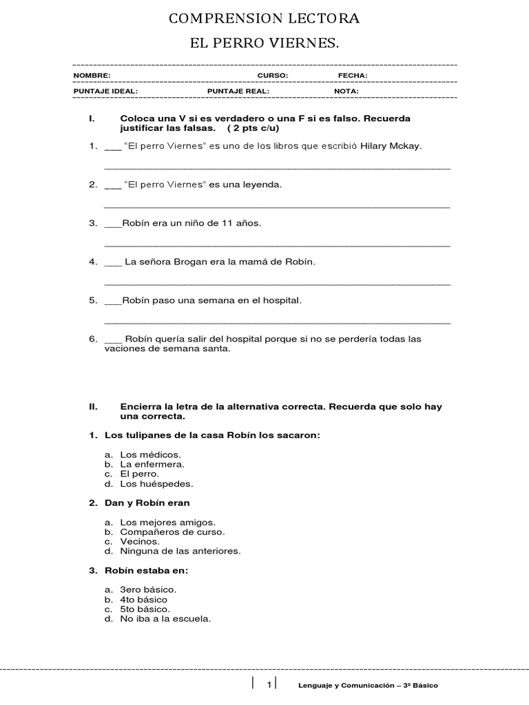 Comprension Lectora El Perro Viernes Final | PDF | Artes del Lenguaje y ...