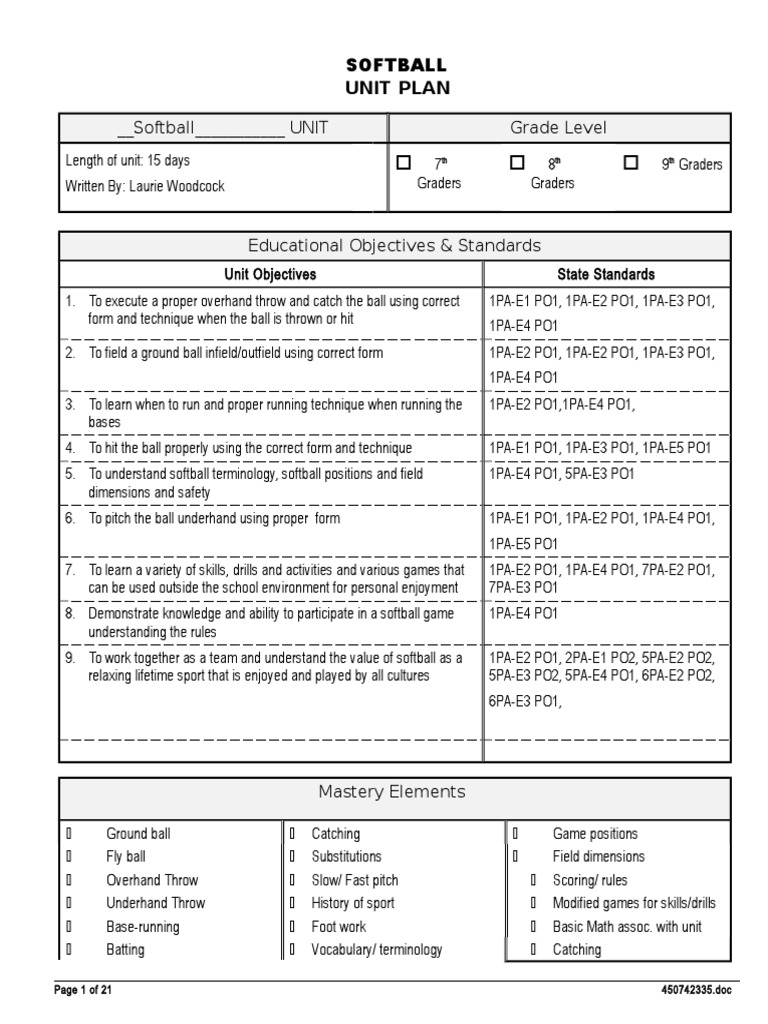 Softball Unit Plan for Grades 7-9 | PDF | Softball | Batting (Baseball)
