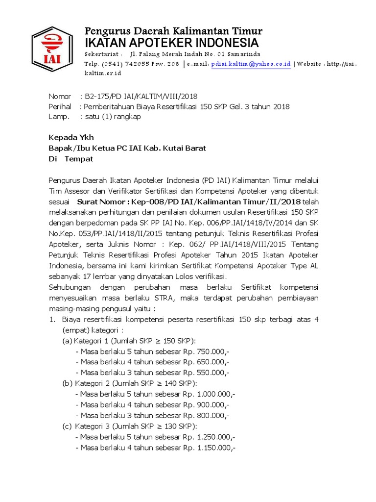 SURAT PEM. Biaya Resertifikasi | PDF