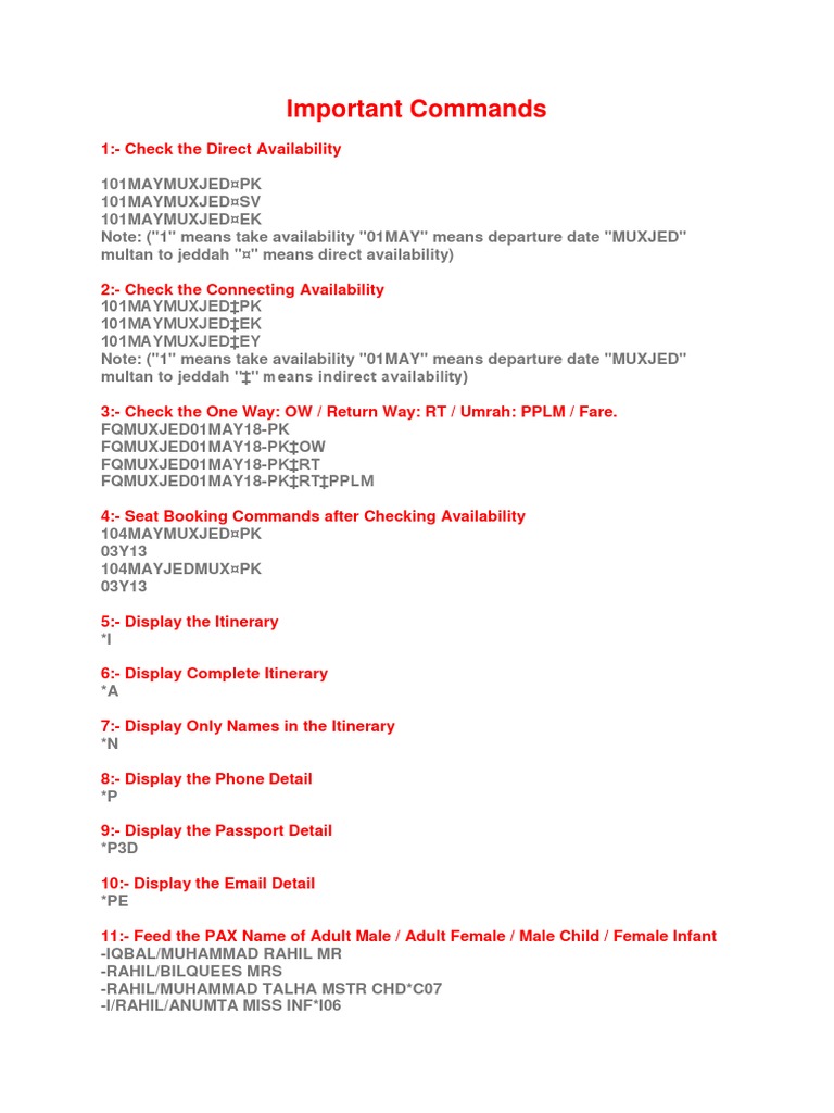 Important Sabre Commands | PDF | Aviation | Transport Companies