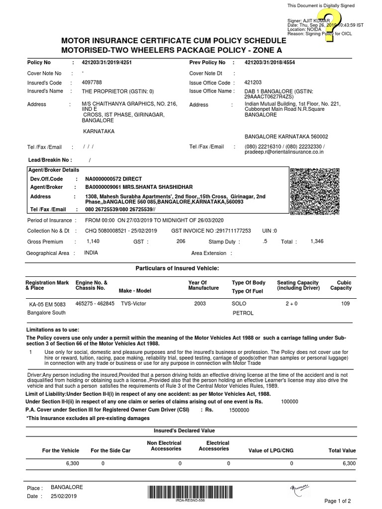 Two Wheeler Policy PDF | PDF | Vehicles | Insurance