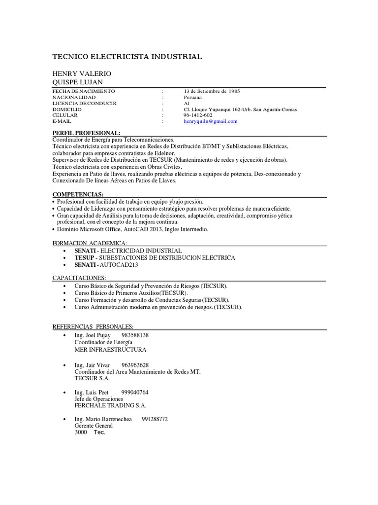 CV - Henry Quispe 2019 | PDF | Perú | Electricidad