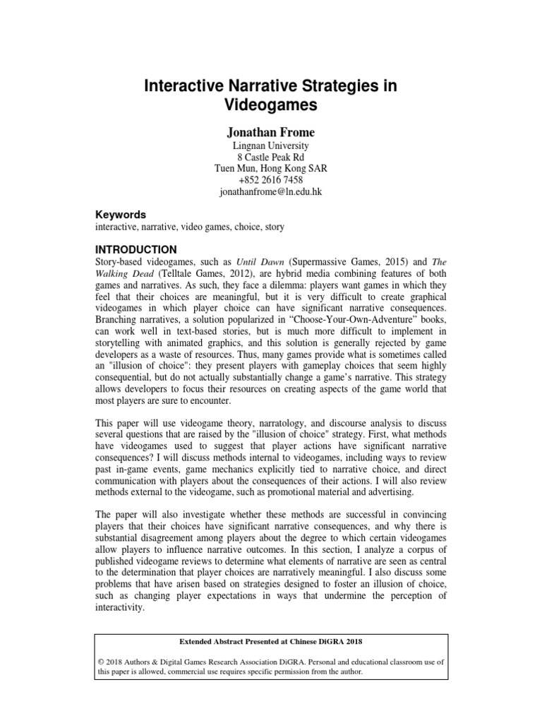 Interactive Narrative Strategies in Videogames by Jonathan Frome | PDF ...
